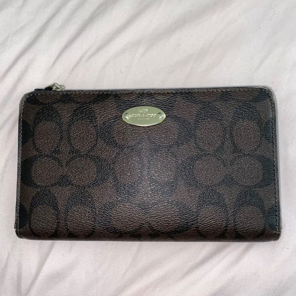 Coach Womens Polished Pebbled Leather Zip Wallet - Gem